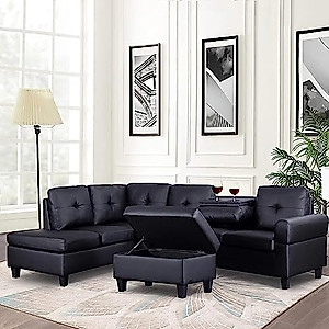 EMKK L-Shape Sofa Couch with Chaise Lounge,Modern Upholstery Sectional Sofá with Storage Ottoman for Living Room Furniture Set, Apartment and Large Space, Black