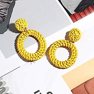 Woven Rattan Earrings Boho Colored Straw Wicker Braid Drop Dangle Earrings Handmade Round Circle Hoop Earrings Statement Stud Earrings For Women
