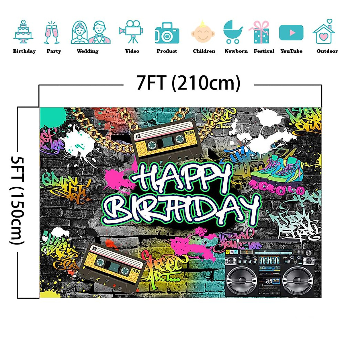 Mocsicka Graffiti 80's 90's Birthday Backdrop Urban Retro Birthday Party Background 80's 90's Hip Hop Rock Birthday Party Cake Table Decoration Banner Photo Booth Props (10x7ft)