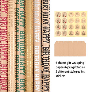 Birthday Wrapping Paper Set, 6 Sheets Kraft Brown Recycled Gift Wrapping Paper with Stickers, Gift Wrapping Paper with Happy Birthday Pattern Design for Kids Girls Women Boys Men Adults, 20×28 inches