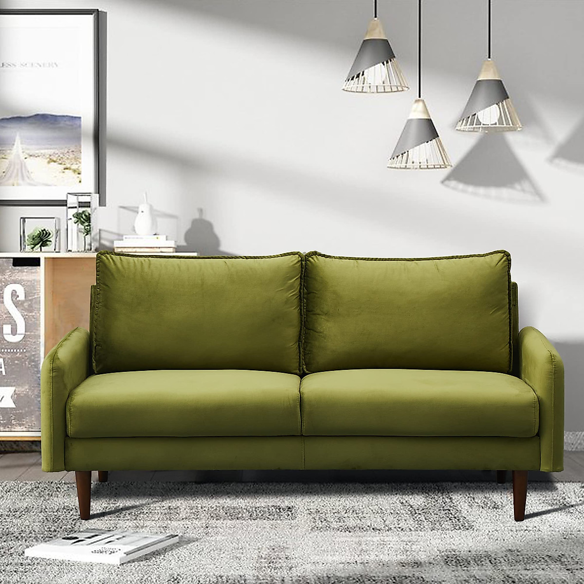 INSTORY Velvet Sofa Mid-Century Modern Couch with Wooden Legs for Living Room - Army Green