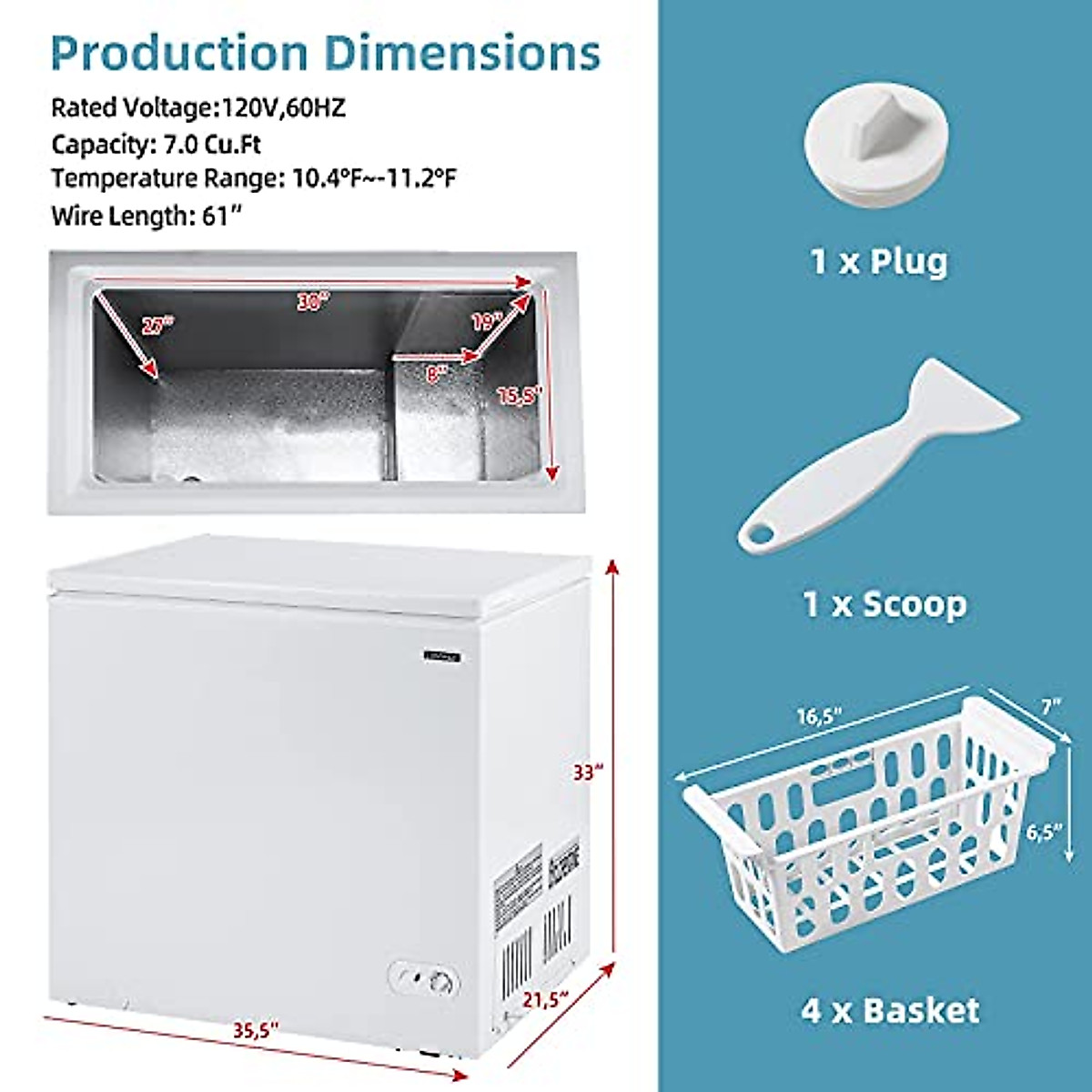 COSTWAY Chest Freezer, 7.0 Cu.ft Upright Single Door Refrigerator with 4 Removable Baskets, Compact Freezer with Manual Defrosting & Mechanical Temperature Control for Apartments, Dormitories Garage