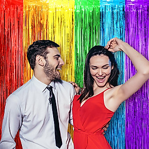 2 Pack Rainbow Foil Fringe Backdrop Curtains, Tinsel Streamers Birthday Party Decorations, Fringe Backdrop for Graduation, Baby Shower, Gender Reveal, Disco Party