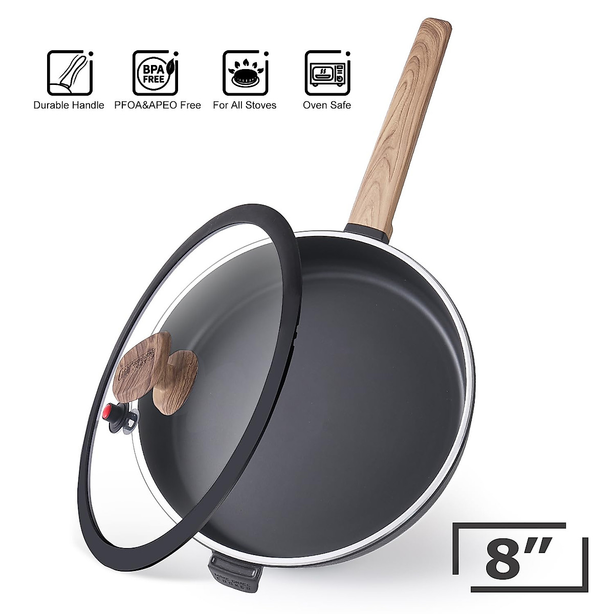 MGC Ceramic Pan With Lid, PFOA&PTFE Free Non Stick Frying Pans,Oven and Dishwasher Safe, Compatible with All Stovetops (Black, 8Inch)