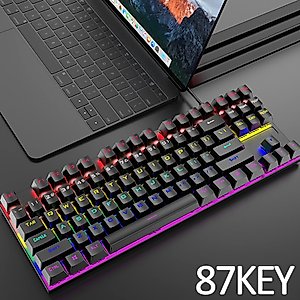 PURPLELU USB Wired Gaming Keyboard, 87-Key Mechanical Keyboard, Convenient Luminous Blue Axis Keyboard, for Playing Games