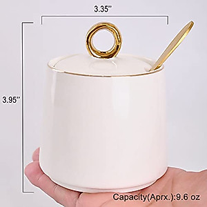 WHJY Ceramic Sugar Bowl with Lid and Spoon, Simple White Clear Porcelain Salt Bowl Salt Container, Modern Spice Box Seasoning Jar for Home and Kitchen Coffee Bar - White