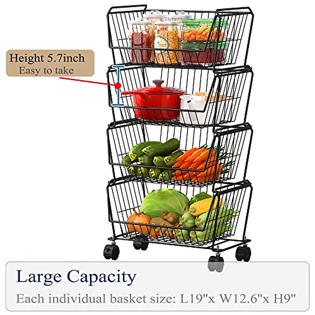 PUSDON 4-Tier Stackable Metal Storage Baskets, Anti-Rust Fruit Vegetable Rack, Dual Use Shelf for Kitchen, Home & Office, Black
