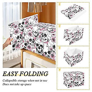CaTaKu Skull Pink Cherry Storage Bins with Lids and Handles, Fabric Large Storage Container Cube Basket with Lid Decorative Storage Boxes for Organizing Clothes
