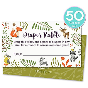 Woodland Diaper Raffle Tickets with Owl and Forest Animals. Pack of 50 Fill In The Blank Unisex Design Suitable for Boy or Girl.