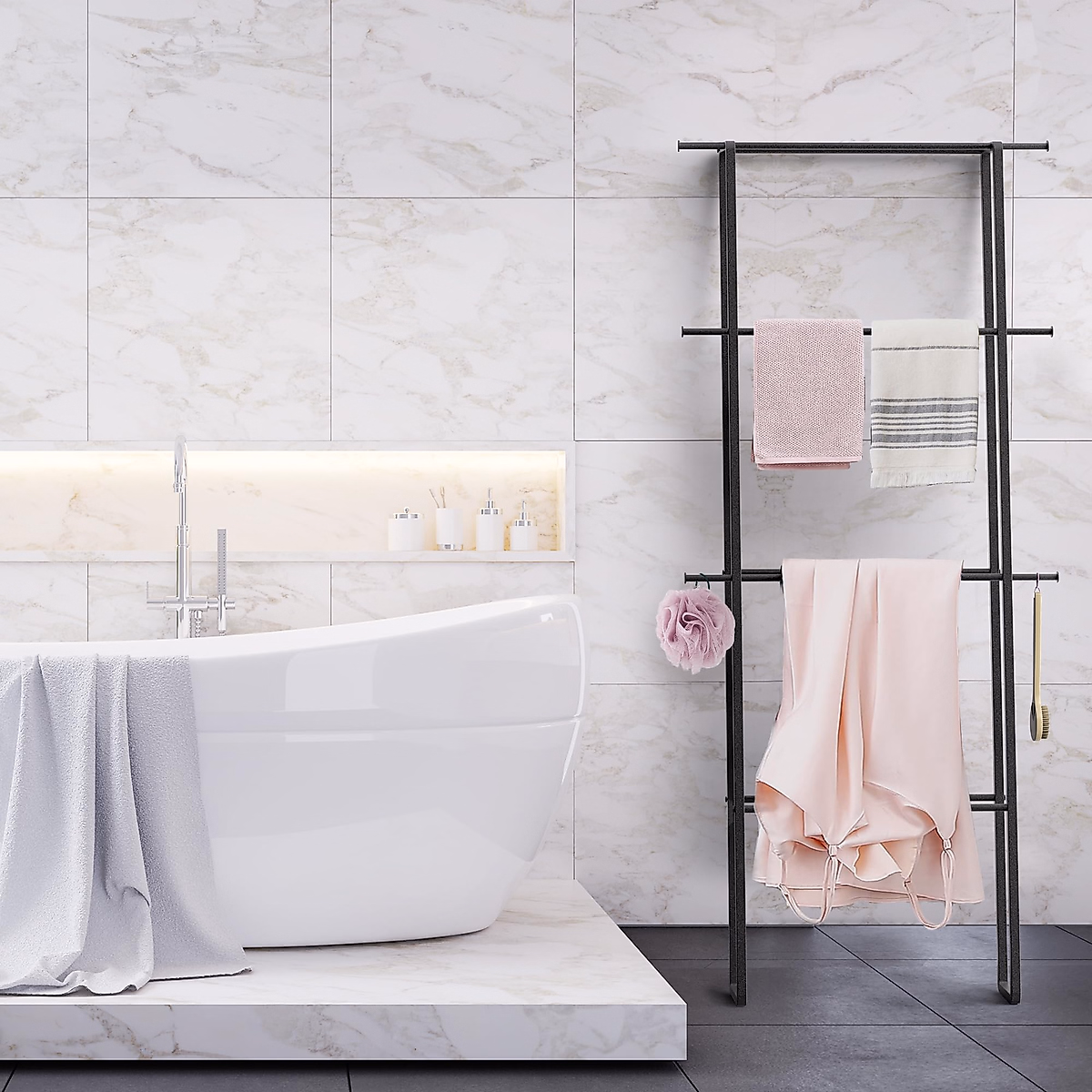 CANYAVE Blanket Ladder Towel Rack, Wall Leaning Ladder Towel Rack Blanket Holder Rack Drying Rack, 4-Tier Blanket Ladders for Living Room Bathroom (Matte Black)