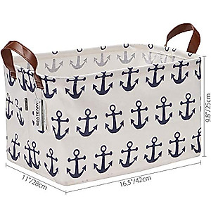 Sea Team Large Size Canvas Storage Bin Collapsible Shelf Basket Toy Organizer with Nautical Anchor Pattern, 16.5 by 11.8 inches, Navy Blue