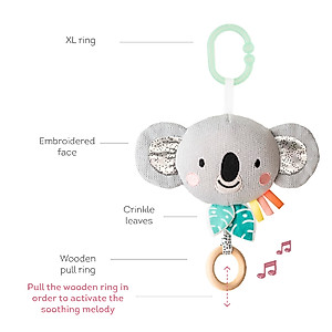 Taf Toys Soothing Musical Pulldown Toy with Multi-Textures & Wooden Teether, Attaches to Crib, Stroller and Car Seat, Develop Baby’s Senses and Cognitive Skills (Kimmy Musical Koala)