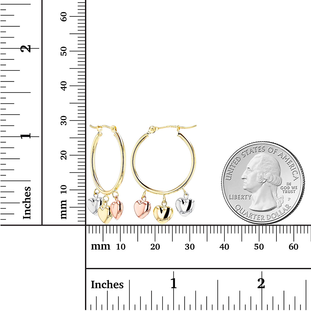 14K Tri-Color Gold Dangling Hearts Hoop Earring