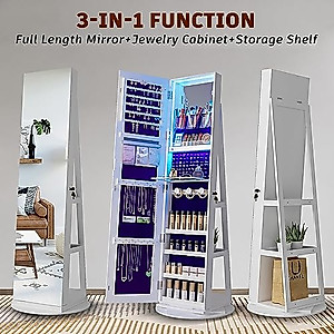 FOMNEY 360° Swivel Jewelry Armoire with Mirror, 63" H Full Length Mirror with LED Lights, Jewelry Cabinet/Organizer with Makeup Shelf for Bedroom (White)