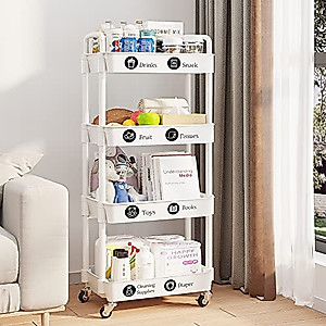 UDEAR 4-Tier Rolling Utility Cart with 12 Category Labels,Multifunctional Storage Shelves with Handle and Lockable Wheels for Room,Office,Kitchen,Bathroom,White