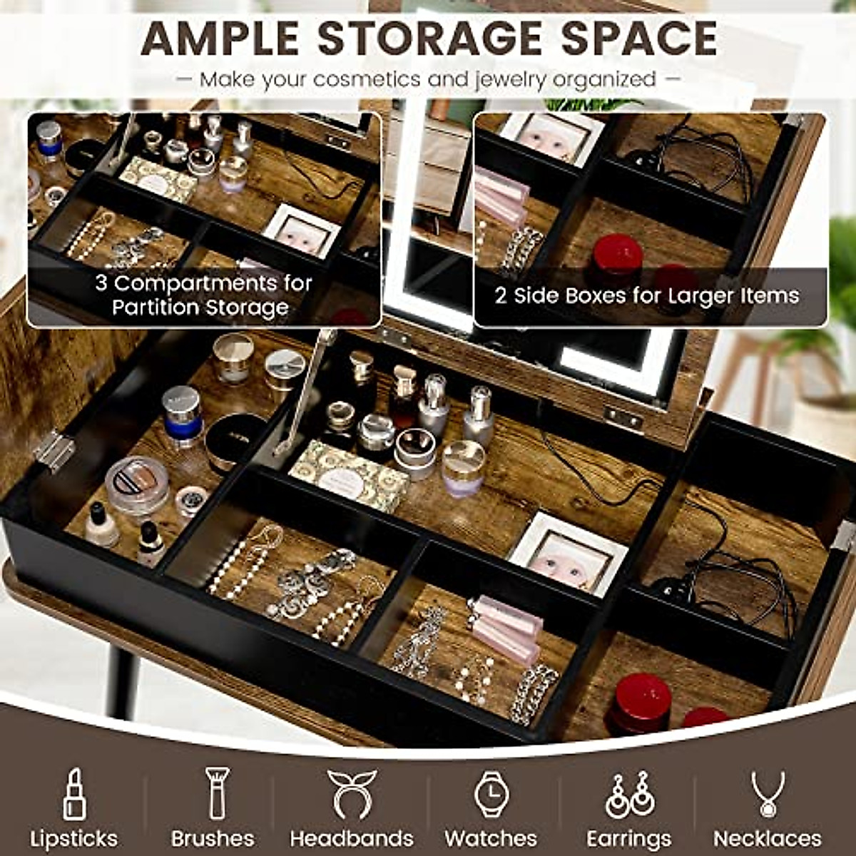 GOFLAME Vanity Table Set with Flip Top Mirror and Stool, Industrial Makeup Dressing Table with 3-Color Lighting Modes & USB Charging Port, 2-in-1 Vanity Desk & Writing Desk for Bedroom, Dressing Room