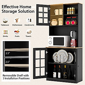 Byroce Kitchen Pantry with Cabinets & Open Shelves, Modern Tall Cabinet with Large Countertop, Glass Doors, Adjustable Shelves, Buffet Cabinet Cupboard for Kitchen, Living Room, Dining Room (Black)