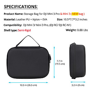 PONYRC Portable Storage Bag for DJI Mini 3/ Mini 3 Pro (DJI RC/RC-N1 Remote Controller) Waterproof PU Leather Carrying Case for DJI Mini 3/ Mini 3 Pro Drone and Accessories