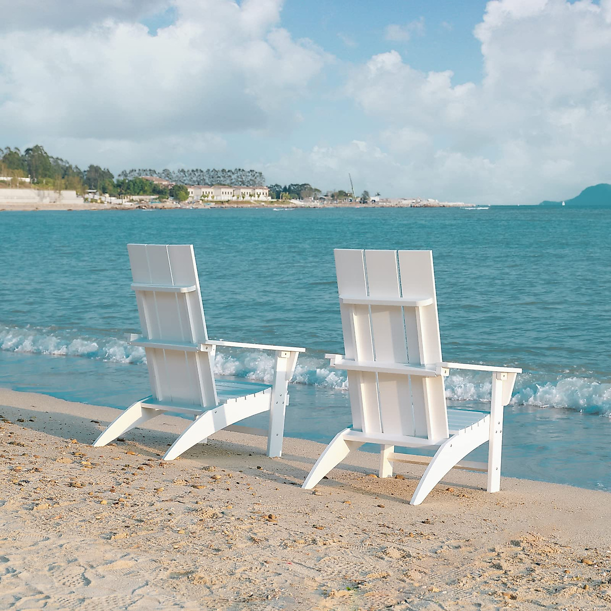 Psilvam Modern Adirondack Chairs Set of 4, Oversized Poly Lumber Fire Pit Chair, 350 Lbs Support Patio Chairs for Garden, Weather Resistant Adirondack Chair Looks Like Real Wood (4, White)