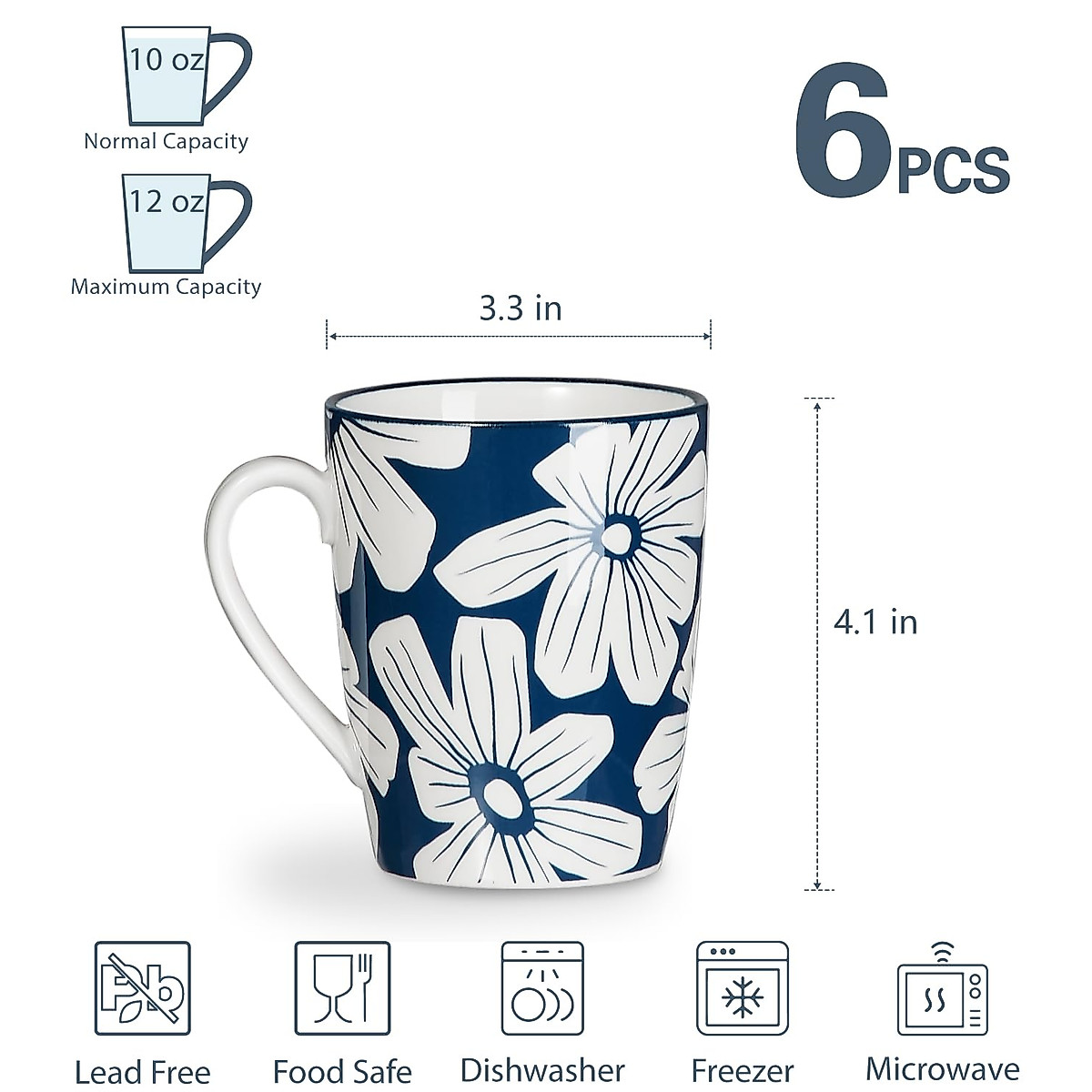 ONEMORE Ceramic Coffee Mugs Set of 6, 12oz - Microwavable Coffee Cups for Tea, Latte - Japanese Style, Scratch Resistant - Vintage Blue