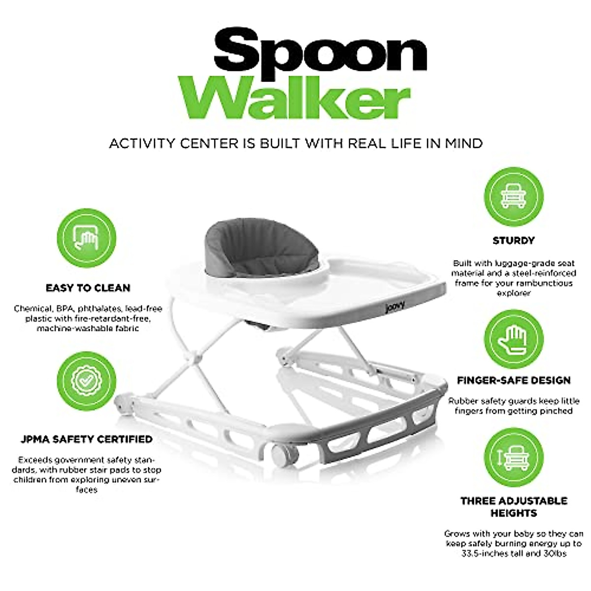Joovy Spoon Baby Walker & Activity Center Featuring Three Adjustable Heights, Tough Luggage Grade Seat Material, and 30 lb Weight Capacity - JPMA Safety Certified (Charcoal)