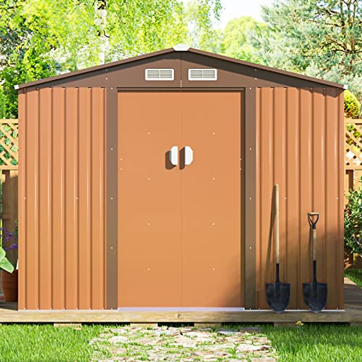 JAXPETY 9x10.5 FT Outdoor Storage Shed - Galvanized Metal Storage Shed Garden Shed with Double Lockable Doors and Floor Frame Backyard Shed for Garden Patio Backyard Lawn Tools, Brown