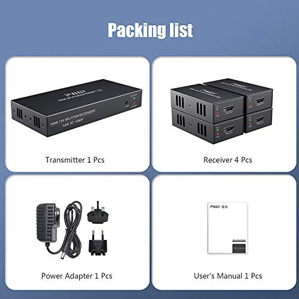 PWAY HDMI Extender Splitter 1x4 Port 1080P Signals Over Cat5e/Cat6 Ethernet Cable Up to 50m/165ft No delay Audio Video 1 in 4 Out for Camera, Laptop, Monitor, TV