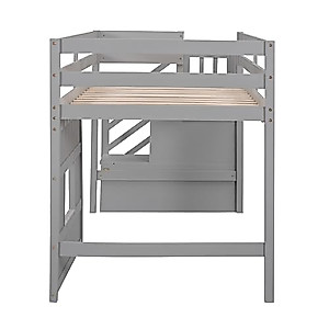 WOXYX Twin Size Loft Bed,Wood Beds Frame with Storage Staircase and Window,Grey