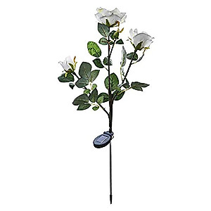 Rose Flower Solar Light, 3 Head White Rose Flower Solar Light Led Decorative Outdoor Lawn Lamp Home Garden Fake Flower Night Light-White
