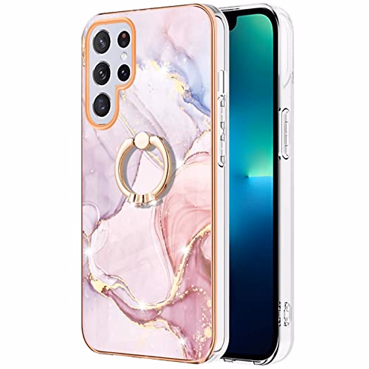 Monwutong Slim Fit Phone Case for Samsung Galaxy S23 Ultra, IMD Marble Pattern Shiny Ring Kickstand Case for Girls,with Camera and Screen Protection Cover for Galaxy S23 Ultra,ZHDD Rose Gold