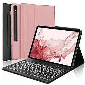 JADEMALL Keyboard Case for Galaxy Tab S7 FE 5G / S8 Plus / S7Plus – Detachable Bluetooth Backlight Magnetic Keyboard - 12.4 Inch Slim Folio Smart Cover with S Pen Holder, Auto Sleep/Wake - Rose Gold