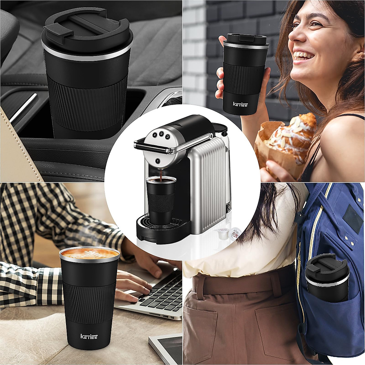 KETIEE Travel Mug 12oz, Vacuum Insulated Coffee Mug with Leakproof Lid, Travel Coffee Tumbler Stainless Steel Double Walled Reusable Coffee Cup for Hot and Iced Coffee Tea Water (Black)