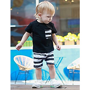 Hipealy Baby Boys Clothes Black Tops 0 6 12 18 24 Months 2 3 T Stripe Pocket Short Sleeve Top +Striped Pants Outfit Summer Clothing Set 18-24 months