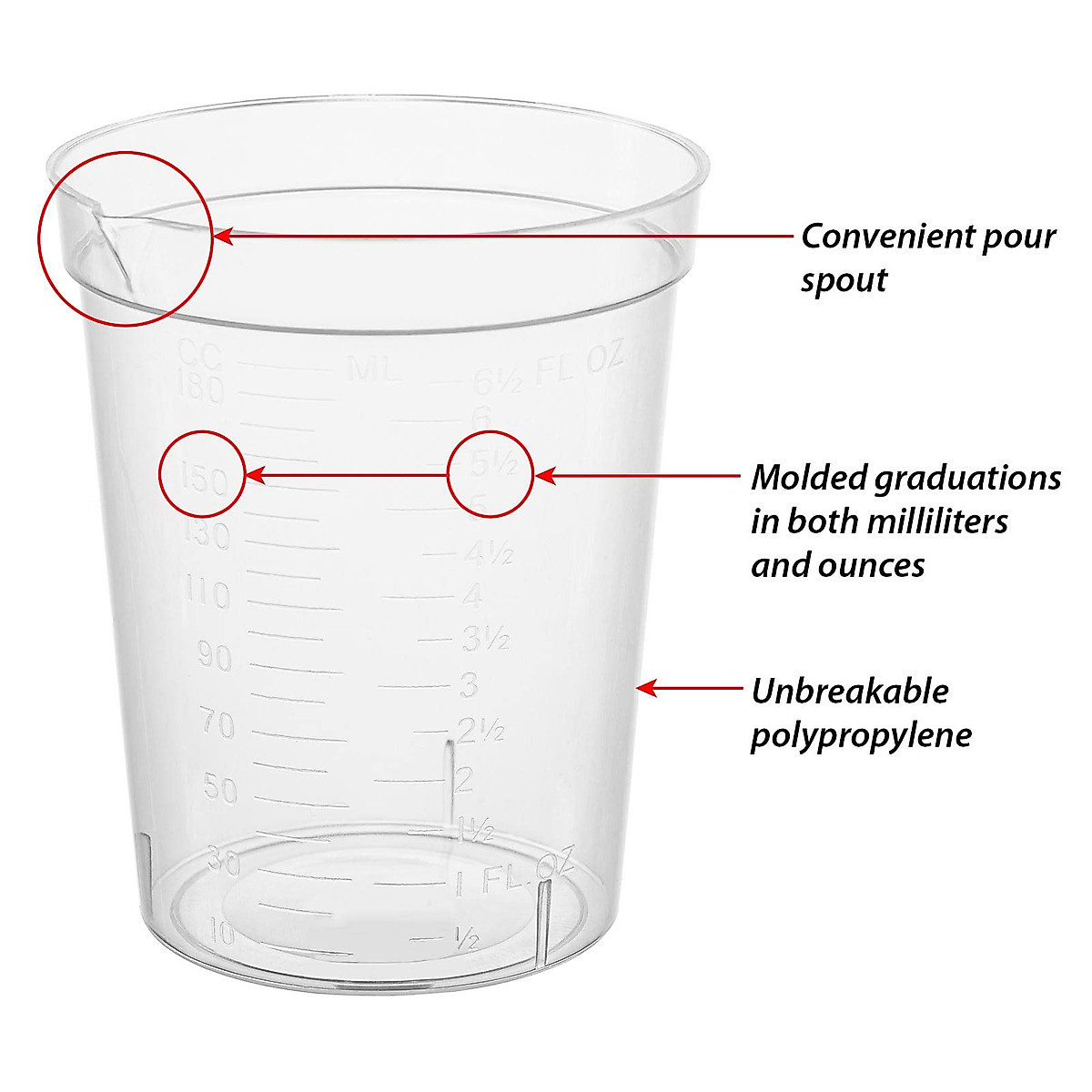 Globe Scientific 5920 Polypropylene Graduated Specimen Container Collection Cup with Pour Spout, 6.5 oz Capacity (Case of 500)