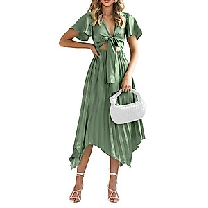 PRETTYGARDEN Women's 2023 Satin Summer Dress Short Sleeve V Neck Tie Front Cutout Pleated A Line Midi Dresses (Light Green,Medium)