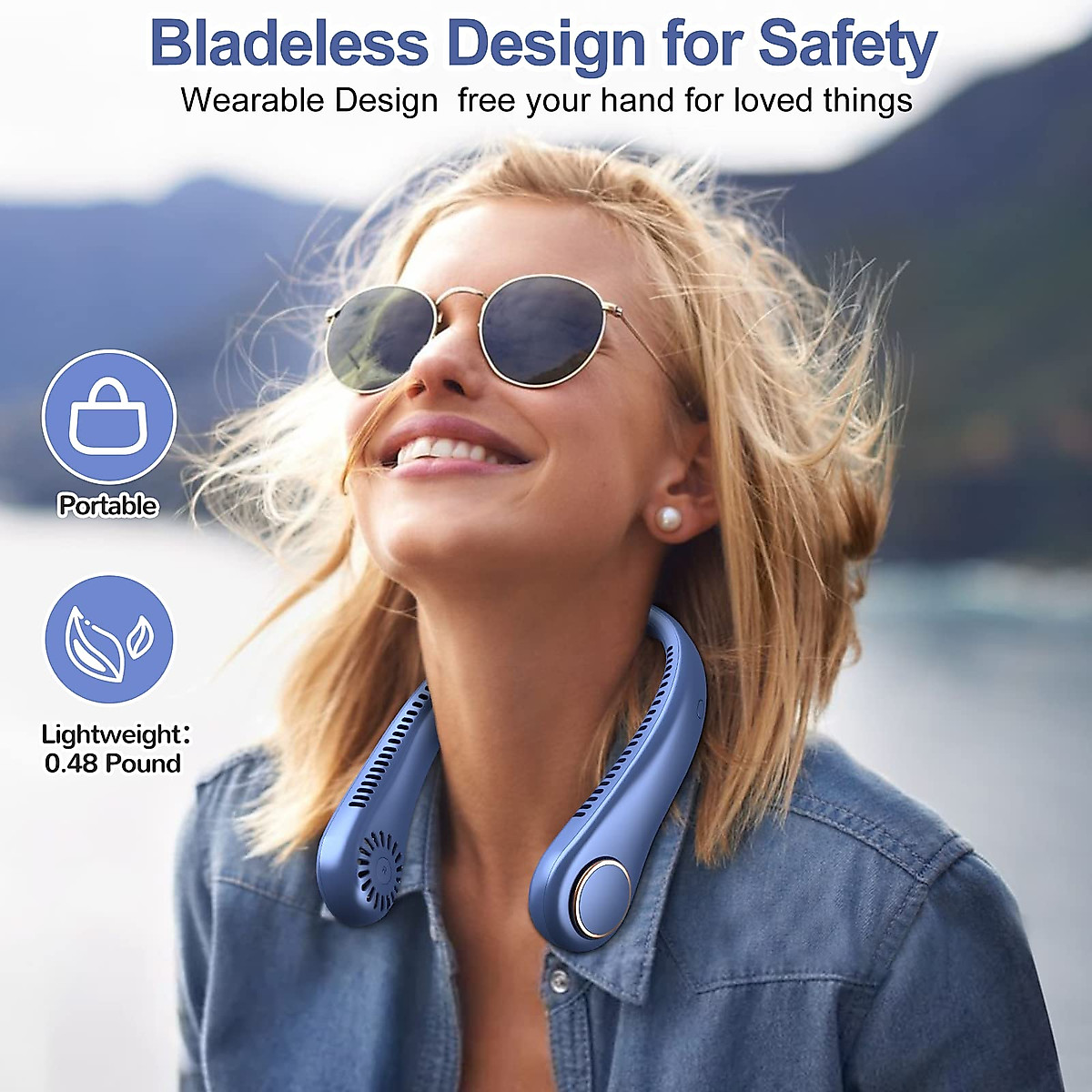 Portable Neck Fan, Bladeless Wearable Personal Fan, Max 16H Use, Rechargeable USB Fan 3 Speed, Quiet 360° Cooling Hanging Neck Fan, NO Hair Caught, Mini Hand Free Neck fan for Sport Travel Jog Camping