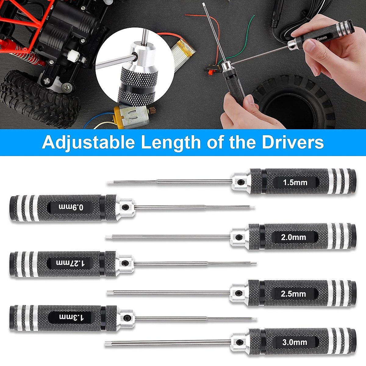 RC Hex Driver Set - 7pcs Hex Allen Screwdriver Kit 0.9mm/1.27mm/1.3mm/1.5mm/2.0mm/2.5mm/3.0mm Allen Wrench Set Key Driver Repair Tools for Traxxas RC Car Drone Multi-Axis Helicopter RC Models