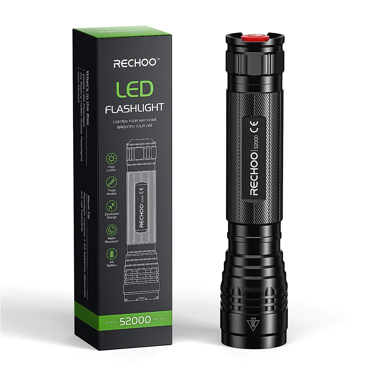 RECHOO High-Powered LED Flashlight S2000, Upgraded Powerful 2000 High Lumens Flashlights with 3 Modes, Zoomable, Water Resistant Flash Light for Home, Camping, Emergency, Hiking, Outdoor