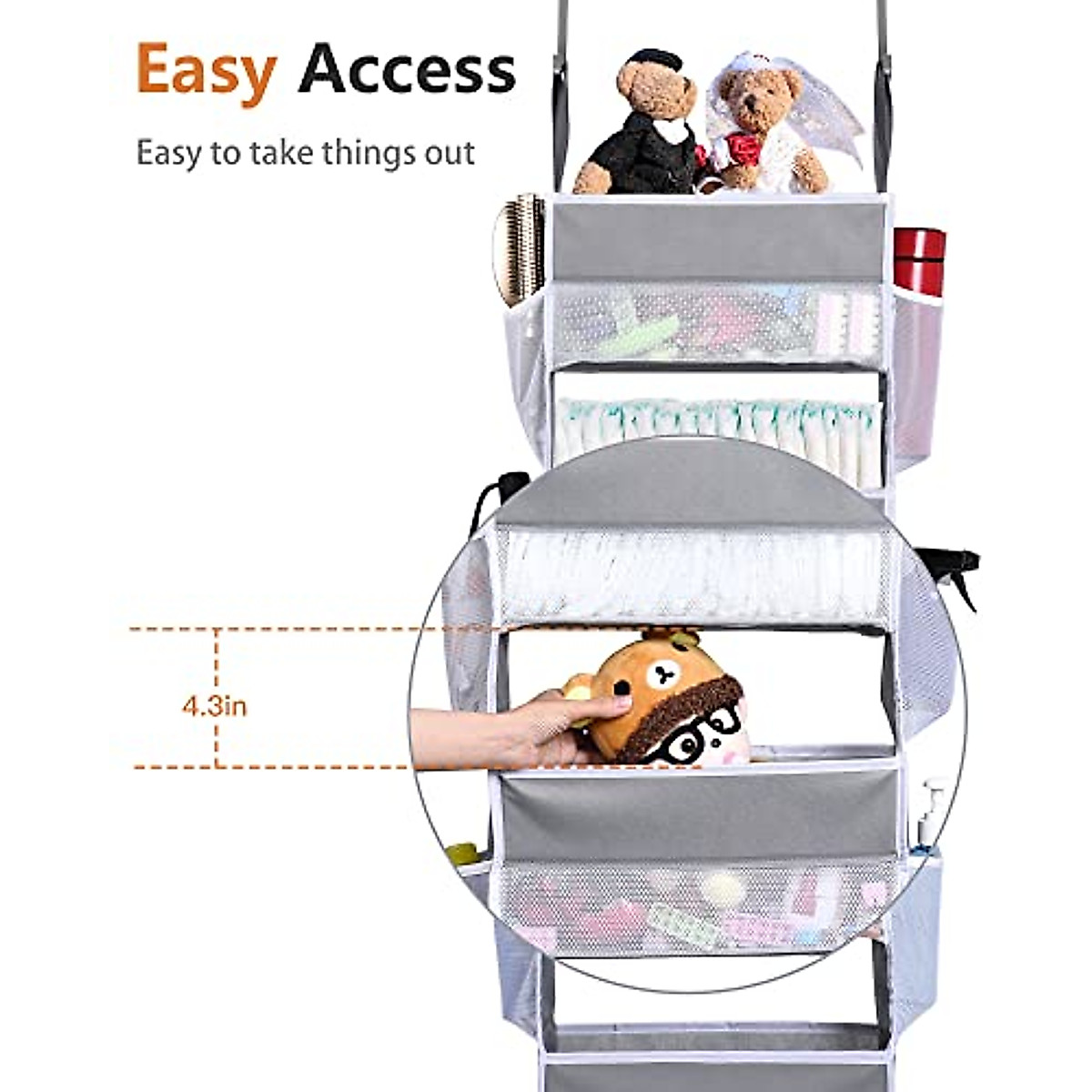 ULG Over Door Organizer with 4 Large Pockets 6 Mesh Side Pockets, 33 lbs Weight Capacity Hanging Storage Organizer with Clear Window for Bedroom Nursery, Baby Kids Toys, Diapers, Light Grey (1 Pack)