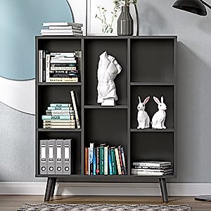 Cozy Castle Black Small Bookshelf, Wood 8 Cube Storage Organizer Book Shelves with Anti-Tilt Device, Freestanding Modern Bookcase for Bedroom, Office, Living Room