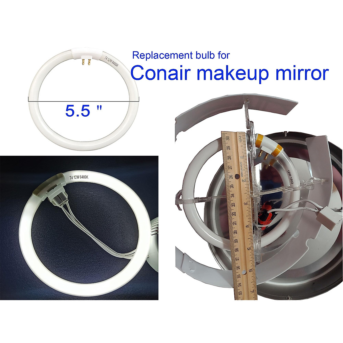 (2 Pack) 5.5 inch OD, 4 Pins Inside, T4 12W 6400k Circular Bulb Replacement for Conair Makeup Mirror, Round Fluorescent Lamps- FC121