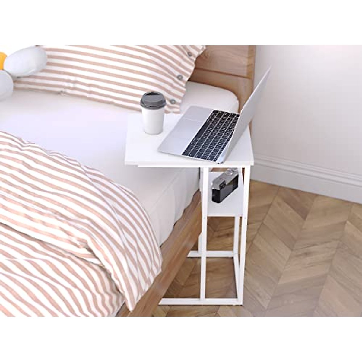 Yusong C Shaped End Table, Small Side Tables Slide Under Sofa Couch Bed, Small TV Tray Bedside Table for Small Spaces, Living Room, Bedroom, White