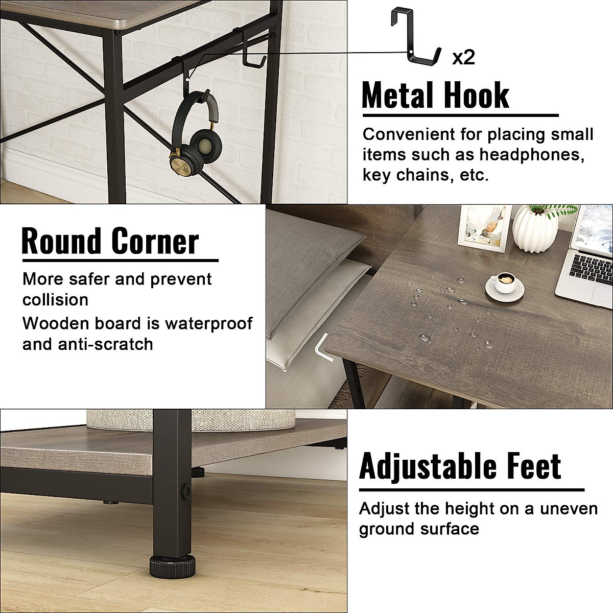 Engriy Writing Computer Desk 39", Home Office Study Desk with 2 Hooks and Storage Shelves on Left or Right Side, Industrial Simple Workstation Wood Table Metal Frame for PC Laptop, Black Oak