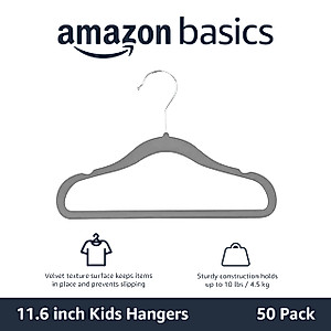 Amazon Basics Kids Velvet, Non-Slip Clothes Hangers, Gray - Pack of 50