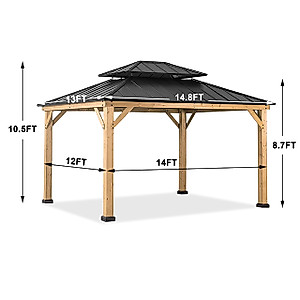 CoastShade 13x15 ft. Outdoor Wood Gazebo, Cedar Framed Patio Gazebo with 2-Tier Brown Steel Hardtop Roof for Patio,Garden,Backyard,Lawn and Deck