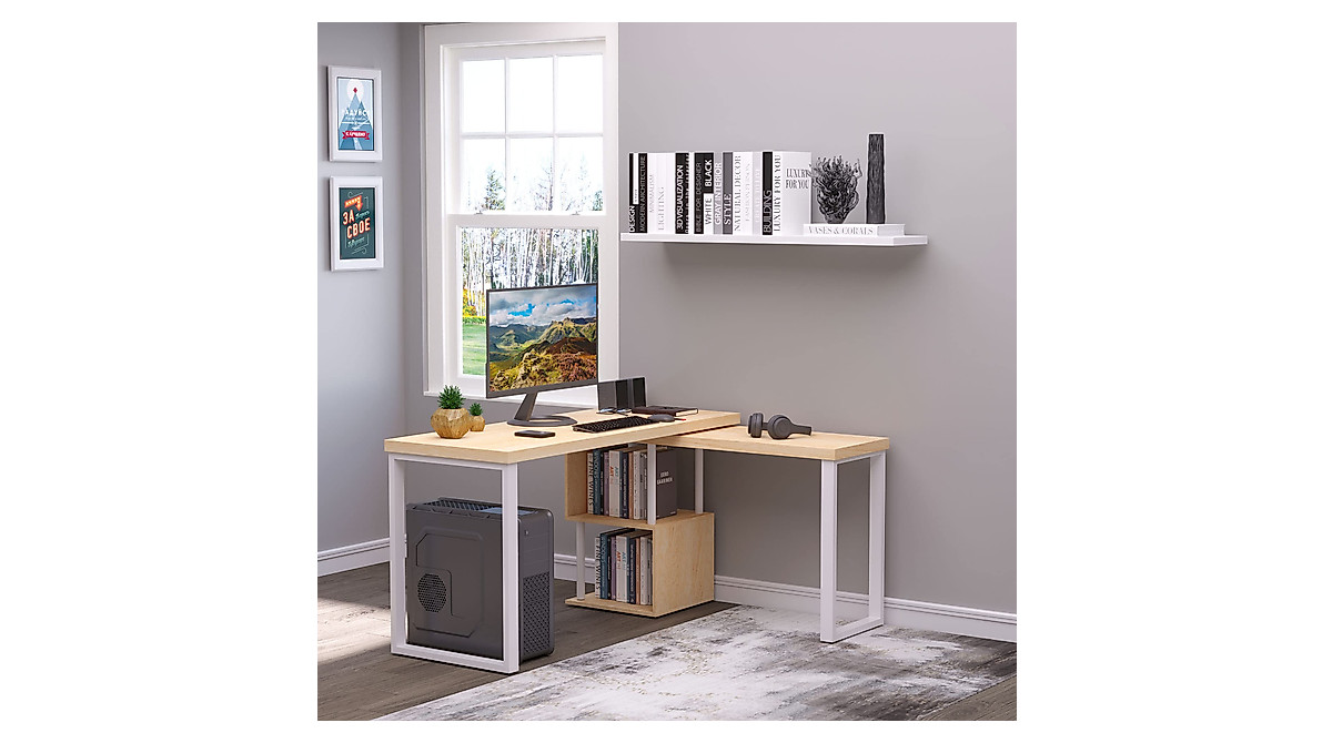 HOMCOM 55" Rotating Corner Desk with Storage Shelves - Space-Saving