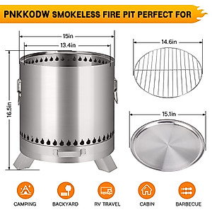 PNKKODW 15 Inch Smokeless Fire Pit Outdoor Wood Burning 304 Stainless Steel Fire Pit, Stove Bonfire Fire Pit with Ash Tray and Lid, Portable Fire Pit with Campfire Grill and Stand for Outside Camping