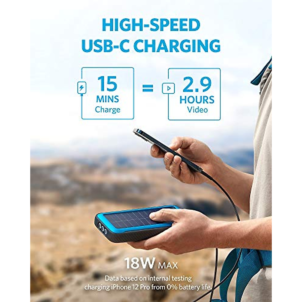 Anker PowerCore Solar 20000, 18W USB-C Power Bank 20,000 mAh with Dual Ports, Flashlight, IP65 Splash Proof and Dustproof for Outdoor Activities, Compatible with Smartphones and Other Devices