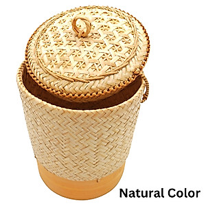 Bamboo Sticky Rice Serving Basket 6.5 x 5.5 Inch, Kratip, Intricately Woven Container, Cylinder-Shaped with a Lid, Thailand Handmade, Original Natural Bamboo Color (Original Natural Bamboo Color)