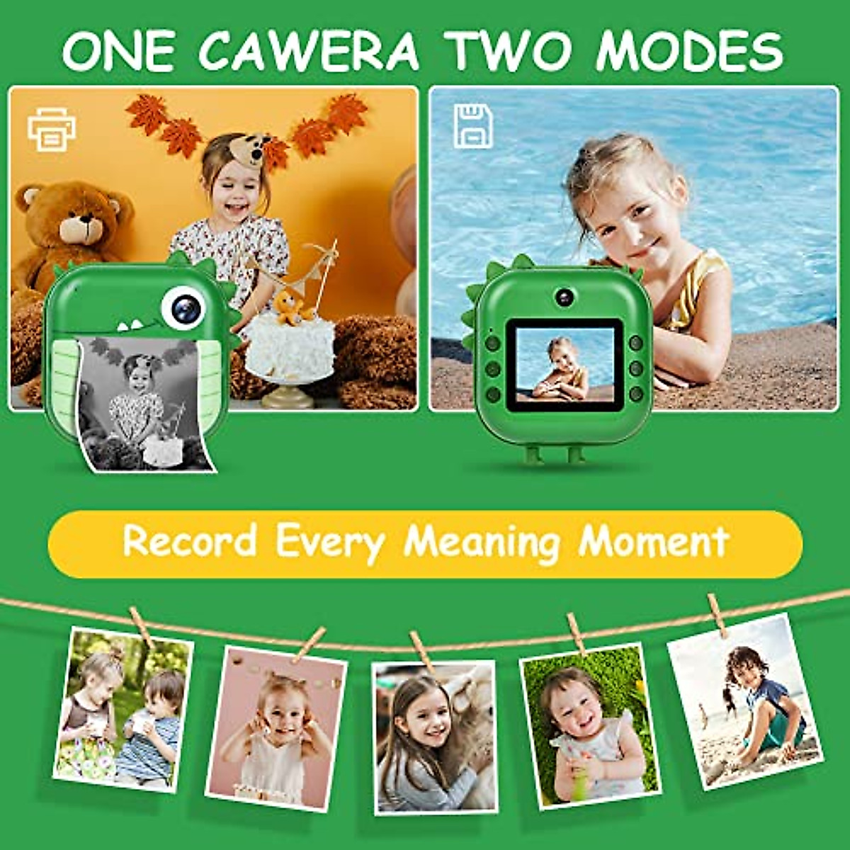 Ainiv Instant Print Cameras for Kids, 2.4 Inch Kids Digital Camera with Dual Camera, 1080P Kids Camera with Print Papers&5 Color Pens, 32GB SD Card, Gift for 3-12 Year Old Boys Girls-Green